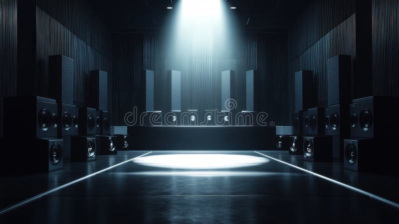Futuristic Auditorium with Surround Sound Speakers and Dramatic ...