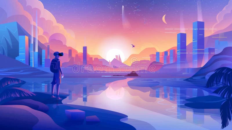 Futuristic Augmented Reality Landscape with VR User at Sunset in ...