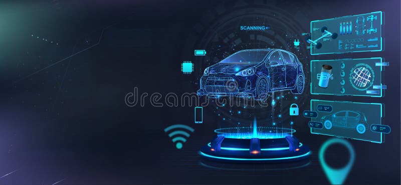 Futuristic Auto Service Station with 3D Smart Car and HUD Interface ...