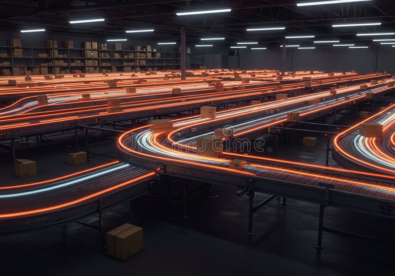 Futuristic Automated Logistics Center with Glowing Conveyors Stock Illustration - Illustration ...