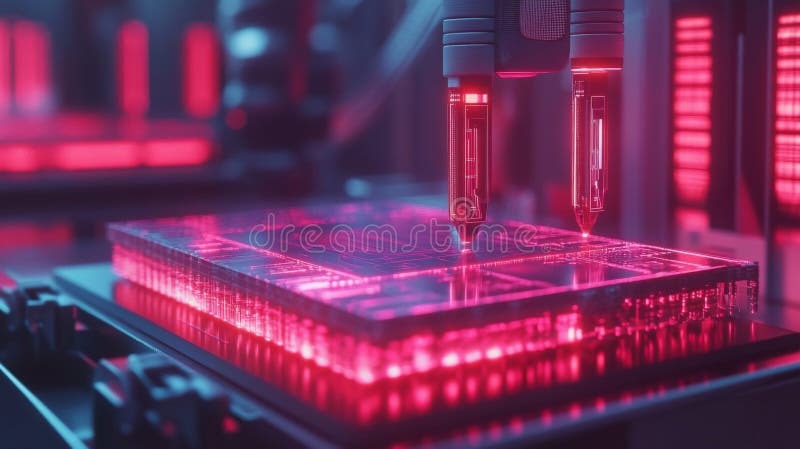 Futuristic Automated Machine Assembly Line with Red Lighting Stock ...