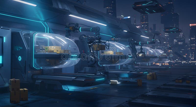 Futuristic Automated Package Sorting Facility at Night Stock ...