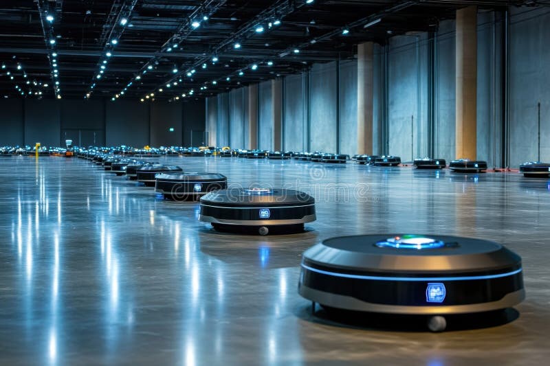 Futuristic Automated Robots Navigating a Spacious Warehouse during a ...