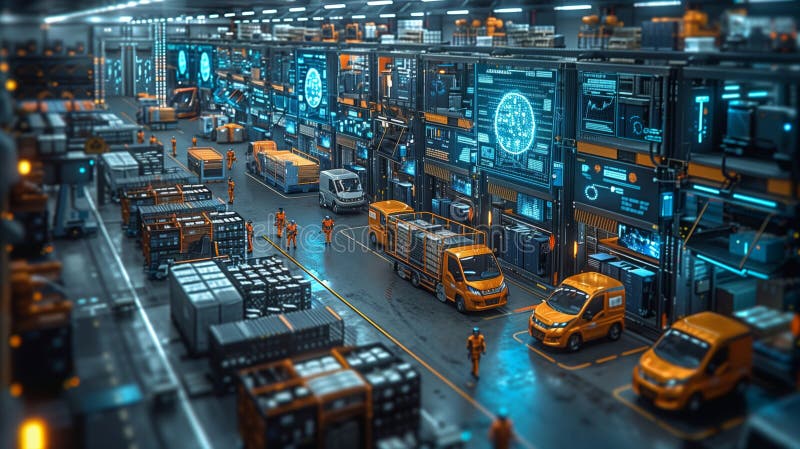Futuristic Automated Warehouse with Digital Screens and Delivery Vans ... Futuristic Automated Warehouse with Digital Screens and Delivery Vans ...