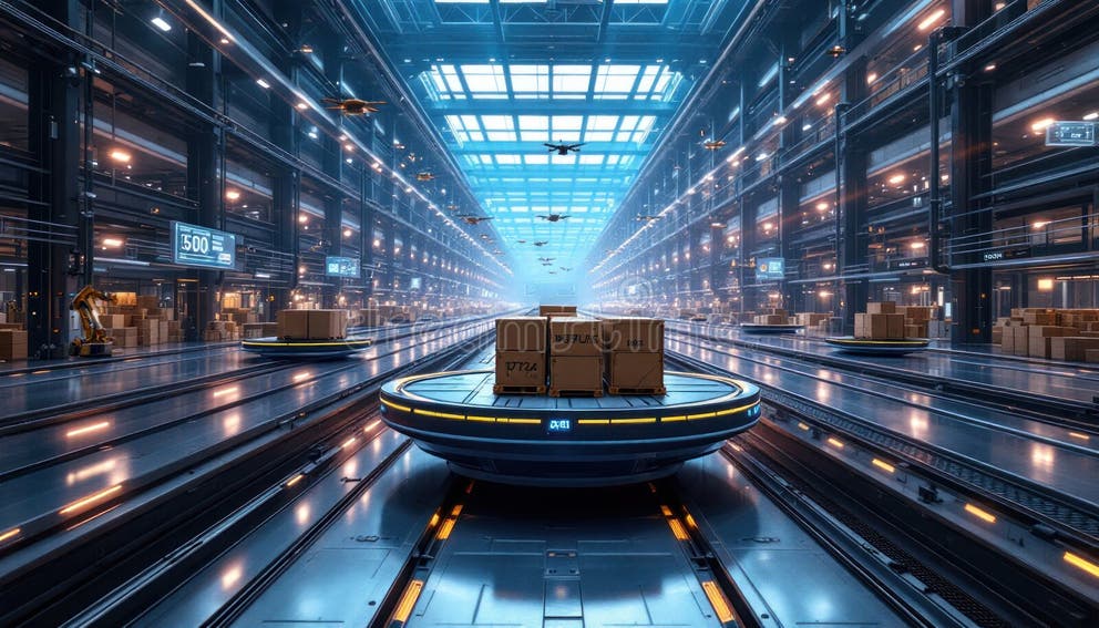 Futuristic Automated Warehouse with Drones and Robots Stock Illustration - Illustration of ...