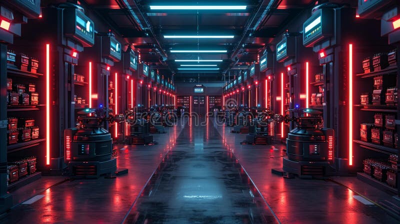 Futuristic Automated Warehouse with Robots and Neon Lights, Generative ...