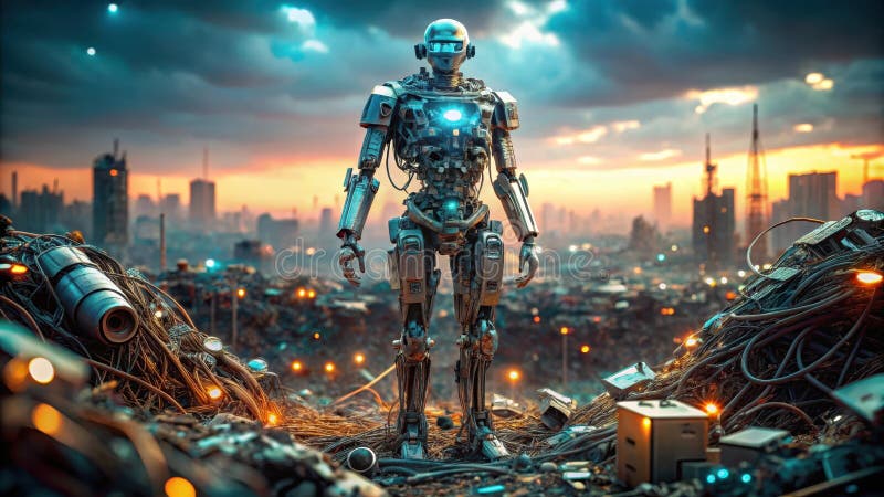 A Futuristic Automaton Stands Amidst the Ruins of a Post-apocalyptic ...