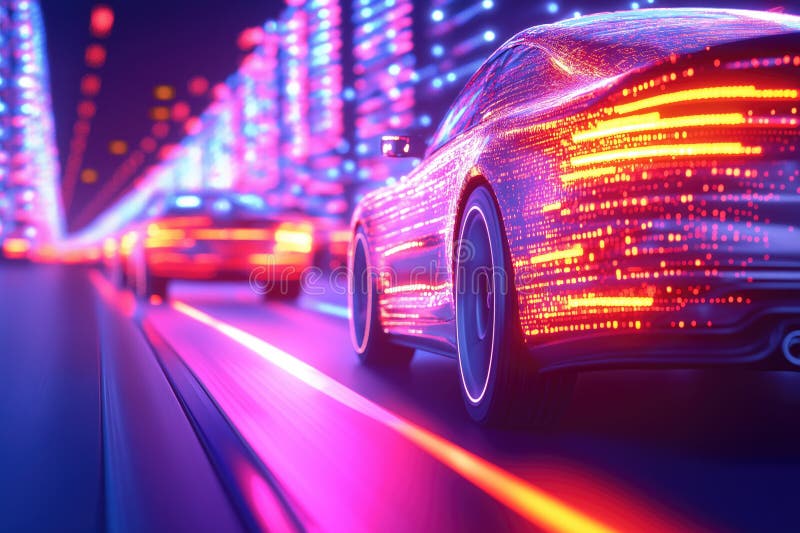 Futuristic Automotive Technology with Neon Light Trails on Urban Road ...