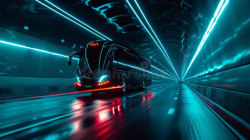 Futuristic Autonomous Bus in a High Tech Tunnel at Night with Neon ...