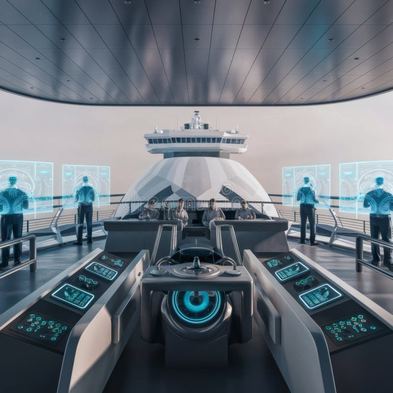 Futuristic Autonomous Cargo Ship Bridge: a Panoramic View of a Ship S ...