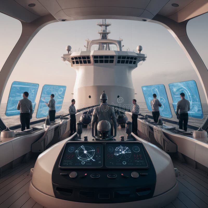 Futuristic Autonomous Cargo Ship Bridge: a Panoramic View of a Ship S ...