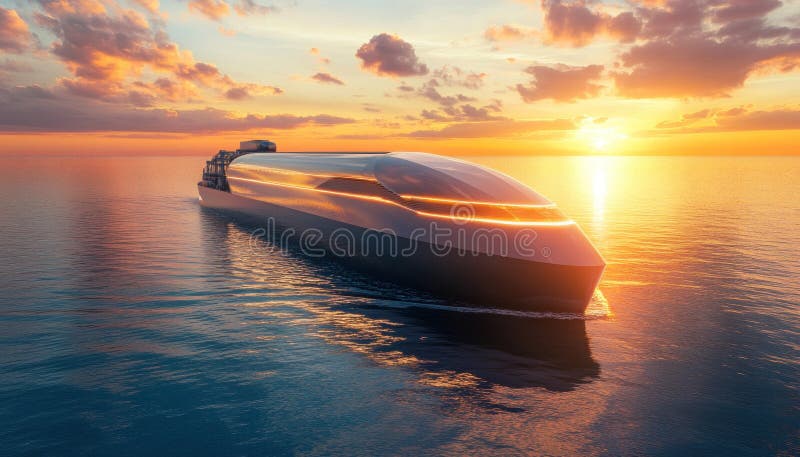 Futuristic Autonomous Container Ship Sailing at Sunset, Embracing ...