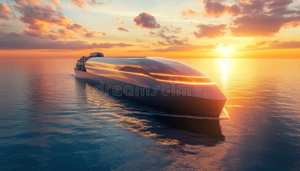 Futuristic Autonomous Container Ship Sailing at Sunset, Embracing ...