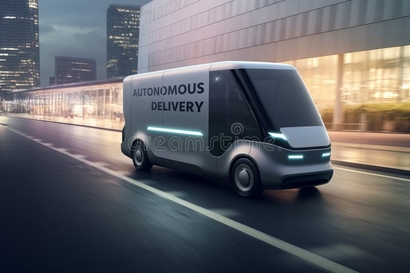 Futuristic Autonomous Delivery Van on a City Street. Integration of ...