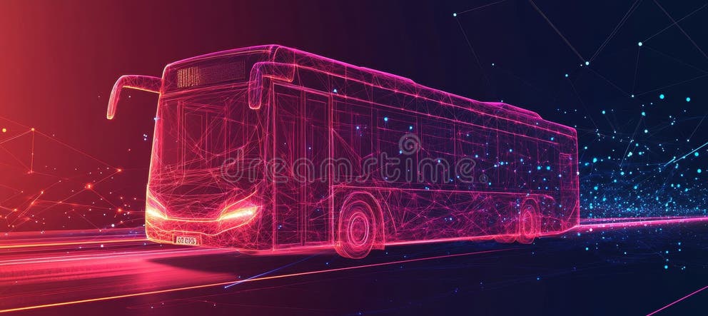 Futuristic Autonomous Electric Bus on a Road with Glowing Lines and ...