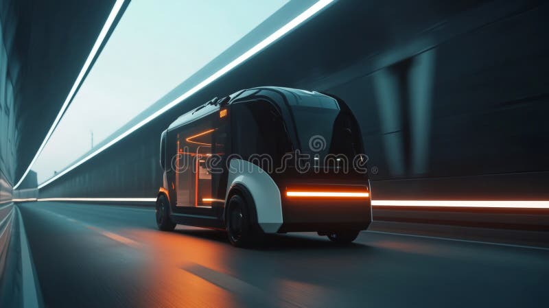 Futuristic Autonomous Electric Shuttle Driving through Illuminated ...