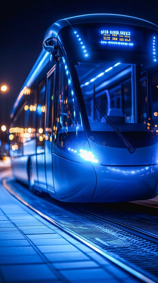 Futuristic Autonomous Electric Tram in Motion at Night Stock Image ...