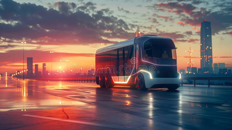 Futuristic Autonomous Lorry on City Road at Night. Cargo Transportation ...