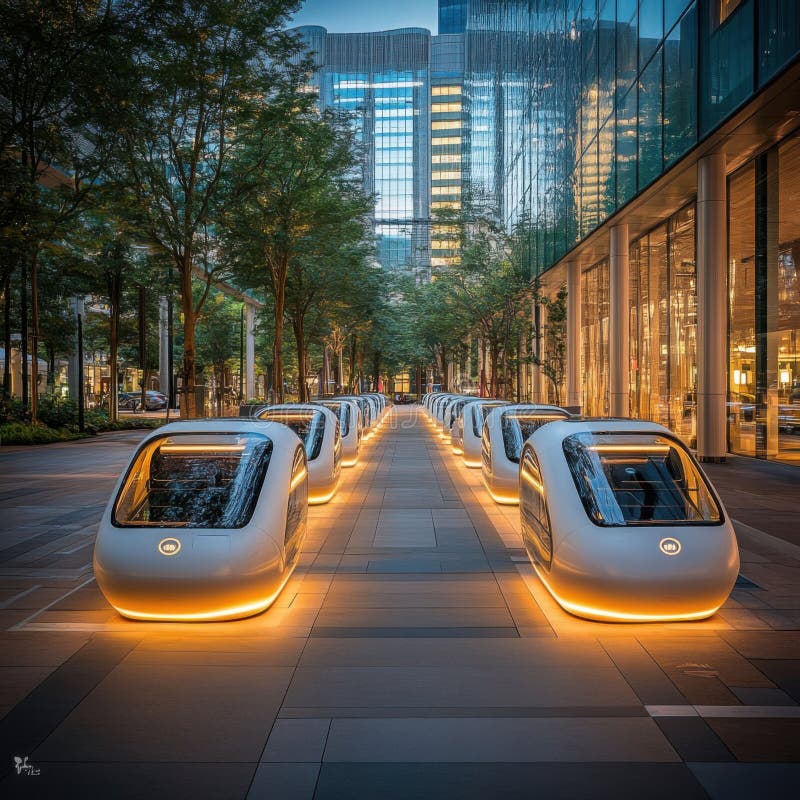 Futuristic Autonomous Pods Lined Up in Modern Urban Environment Stock ...