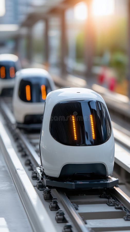 Futuristic Autonomous Pods on Tracks in Urban Sunlight, Showcasing ...