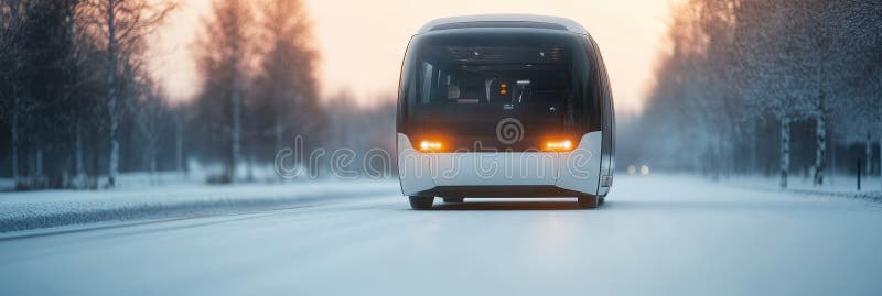 Futuristic Autonomous Shuttle Bus on Snowy Road, Winter Scenery ...