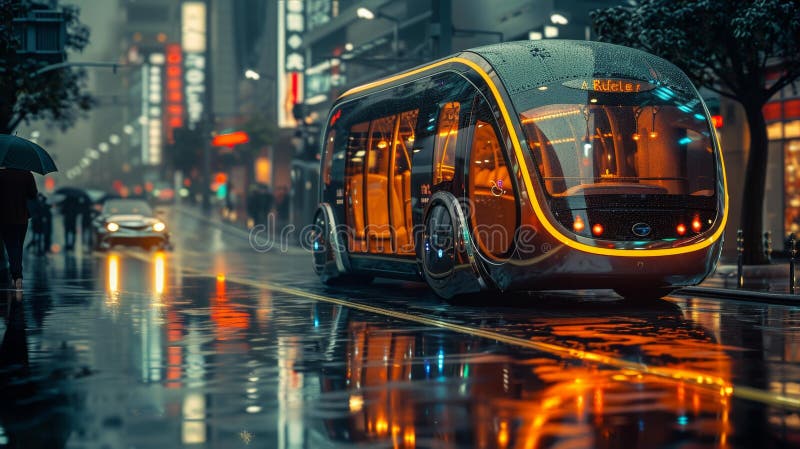 Futuristic Autonomous Shuttle in Rainy Urban Night - Generative AI ...