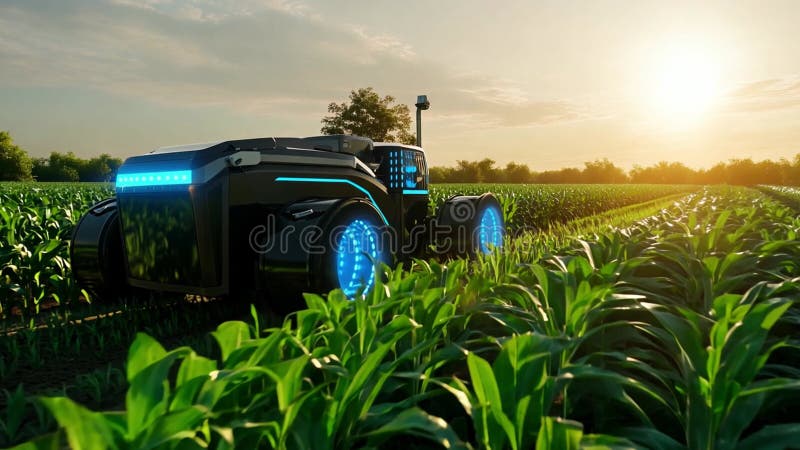 Futuristic Autonomous Tractor Working in a Vibrant Cornfield Under a ...