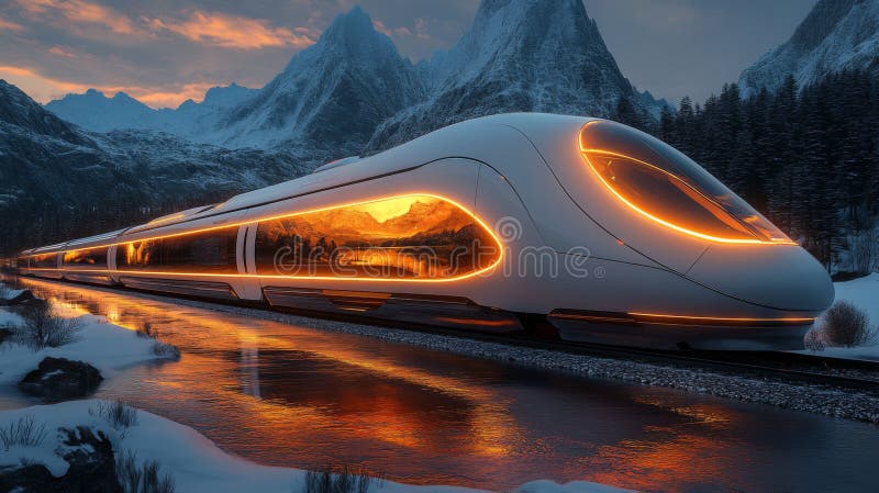 Futuristic Autonomous Train Traverses a Snowy Landscape at Sunset ...