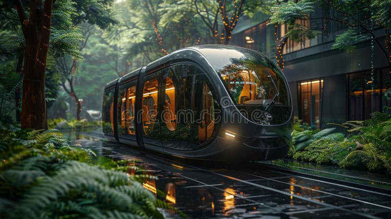 Futuristic Autonomous Tram in Lush Greenery, Generative AI Stock Image ...