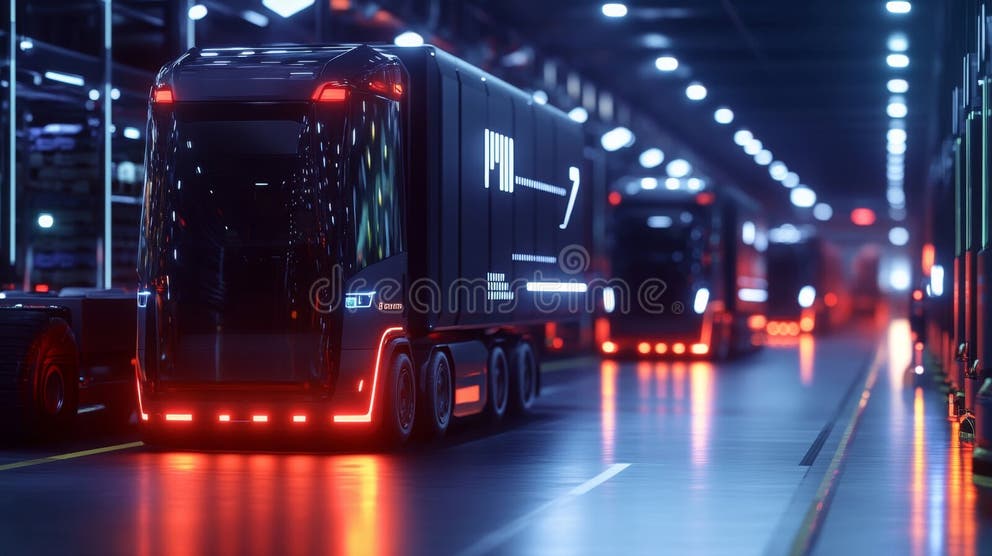 Futuristic Autonomous Trucks Operate in a Neon-lit Warehouse. High-tech ...