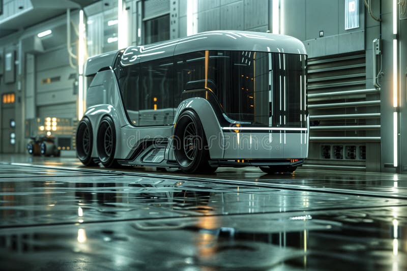 Futuristic Autonomous Vehicle in High-Tech Garage Stock Illustration ...