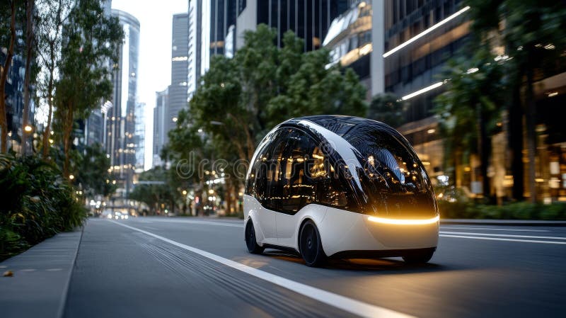 Futuristic Autonomous Vehicle Navigating Modern Urban Street Stock ...