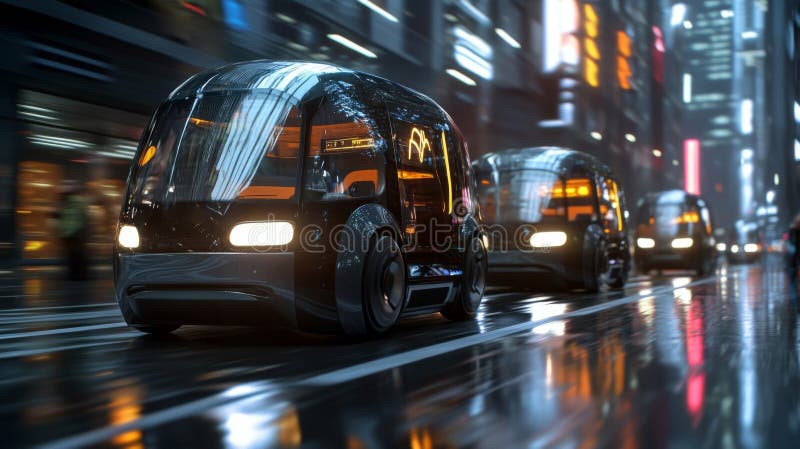 Futuristic Autonomous Vehicles Driving through a Neon City at Night ...