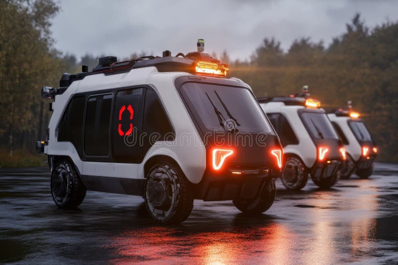 Futuristic Autonomous Vehicles Lined Up on a Rainy Road in a Forest ...