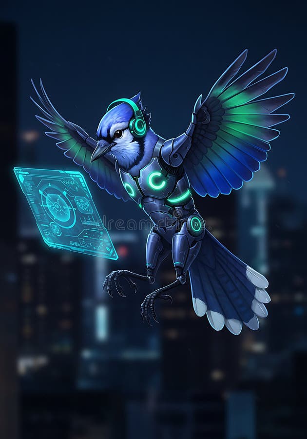 Futuristic Avian Operative Soaring Above a Digital Cityscape, Armed ...