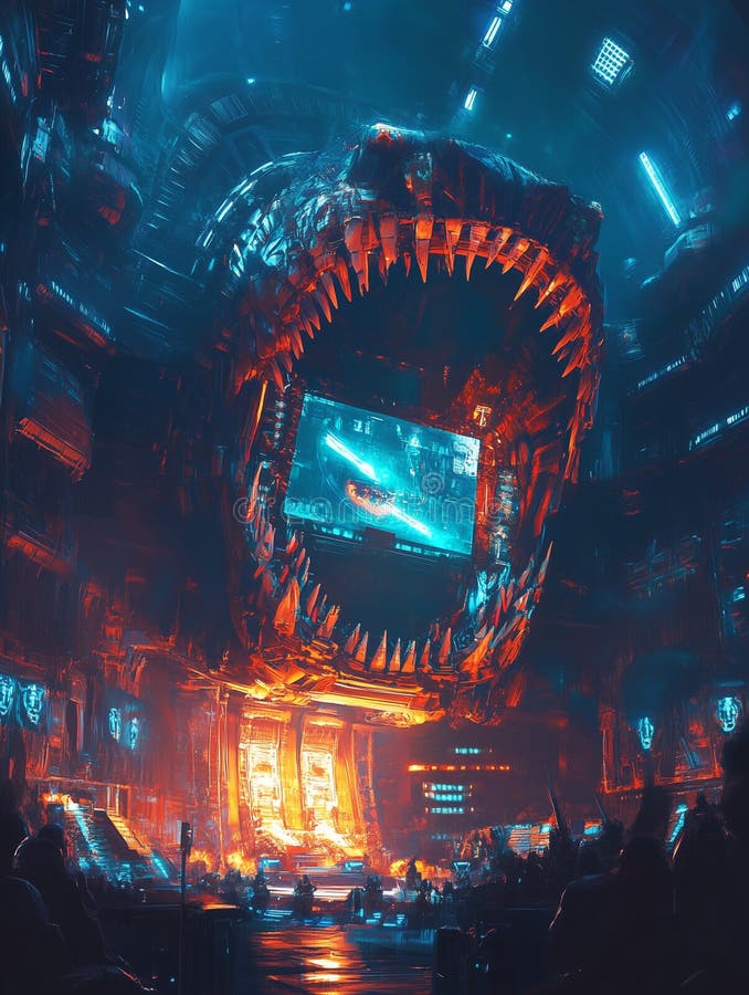 Futuristic Aztec Coliseum with Cybernetic Elements and Vibrant Neon ...