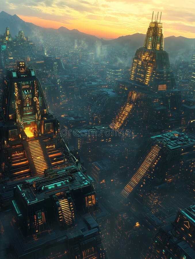 Futuristic Aztec Empire with Sleek Obsidian Structures and Vibrant ...