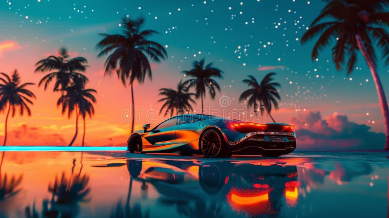 Futuristic Back Side View Supercar on Sunset Background. Neon Concept ...