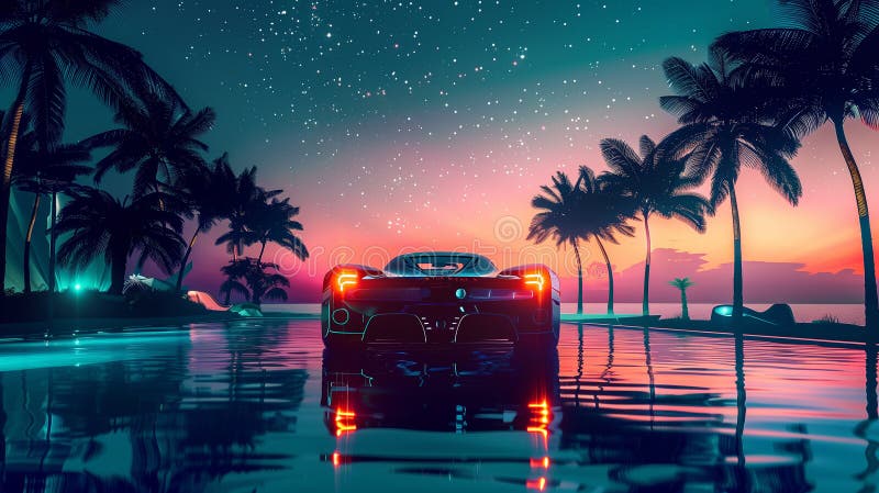 Futuristic Back Side View Supercar on Sunset Background. Neon Concept ...