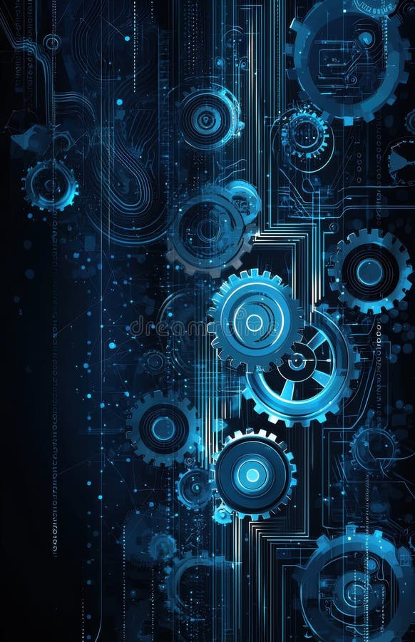 Futuristic Background with Blue and Silver Digital Gears and Circuits ...