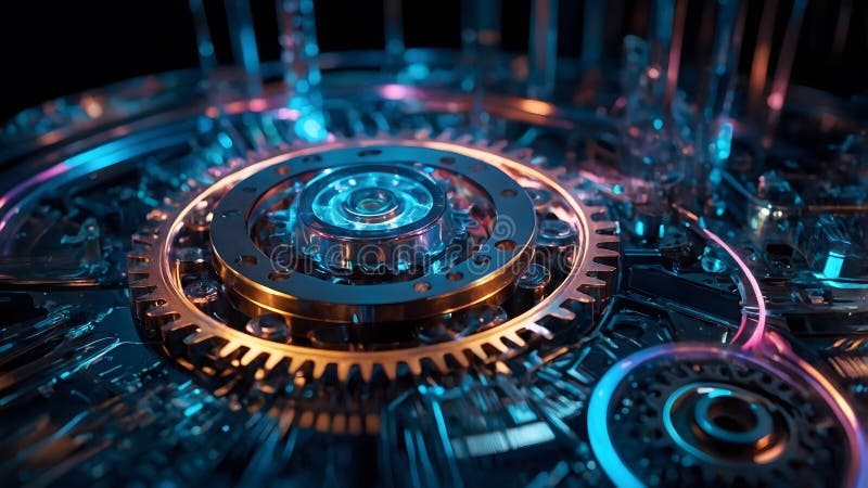 Futuristic Background Featuring Holographic Elements, Gears, and ...