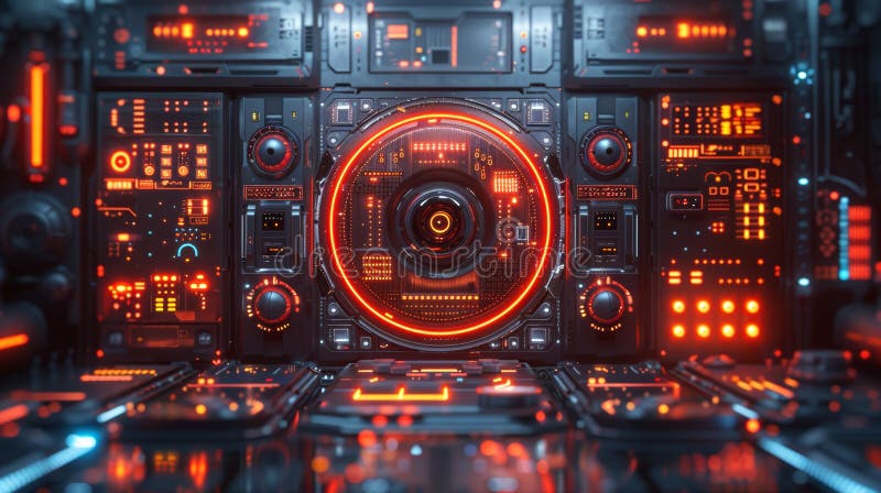 Futuristic Background with HighTech Interface and Glowing Red Lights in ...