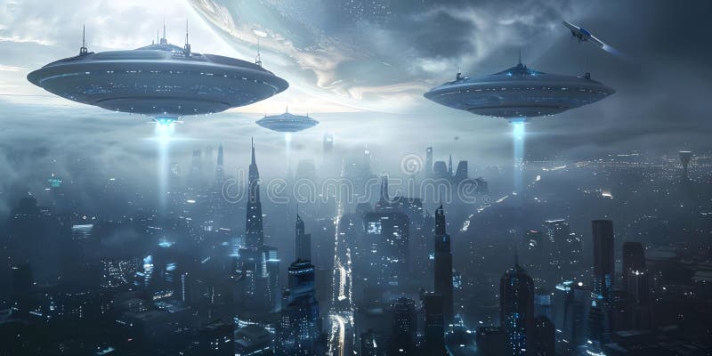 Futuristic Background with UFO Invasion Over the City, UFO Invasion on ...