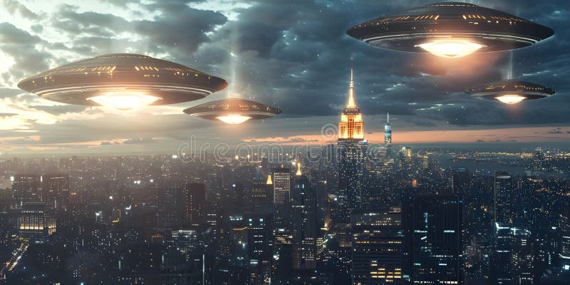 Futuristic Background with UFO Invasion Over the City, UFO Invasion on ...