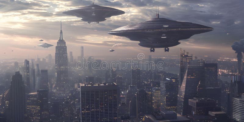 Futuristic Background with UFO Invasion Over the City, UFO Invasion on ...