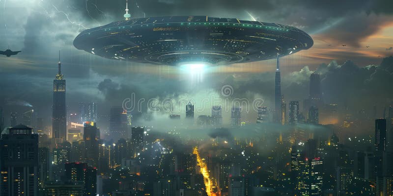 Futuristic Background with UFO Invasion Over the City, UFO Invasion on ...