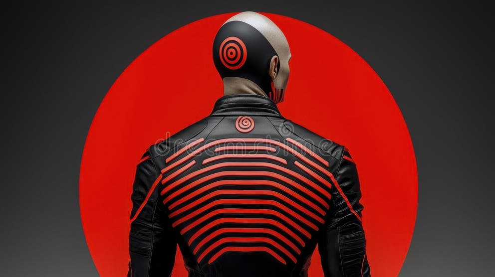 Futuristic Bald Man in Black Leather Jacket with Red Pixelated Pattern ...