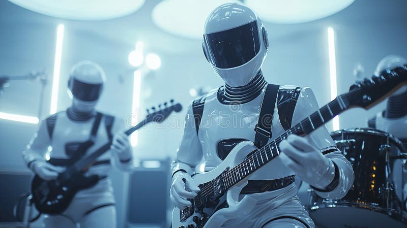 Futuristic Band Performance. Futuristic Robots Playing Instruments in a ...