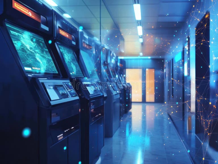 Futuristic Bank Hallway with Digital Interfaces Stock Photo - Image of ...