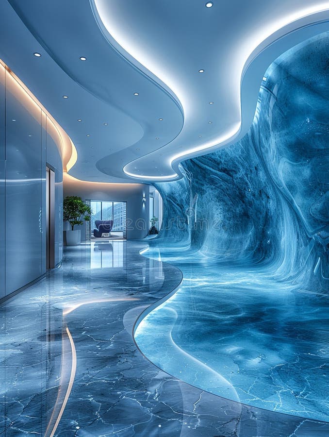 Futuristic Bank Lobby with Interactive Screens and Sleek Surfaces Stock ...